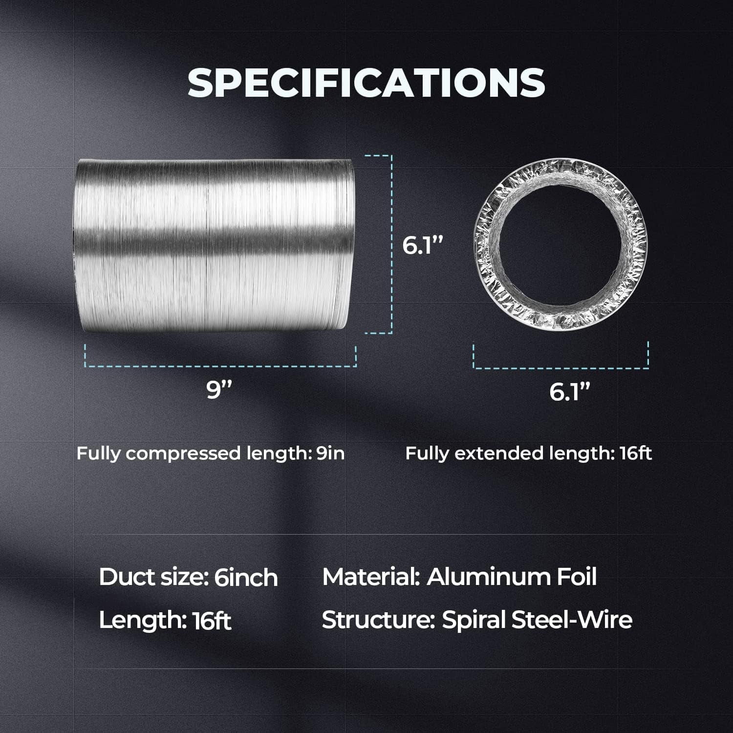 hgudesign Dryer Vent Hose 6 inch 16 feet Flexible Aluminum Foil Ducting ...