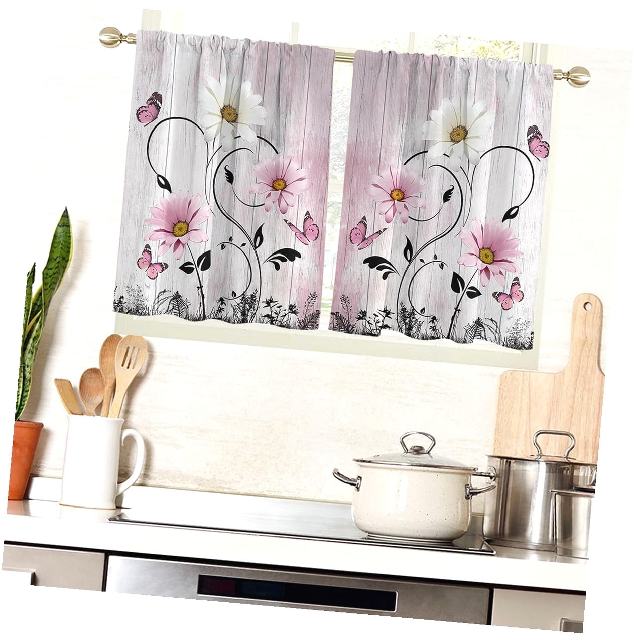 hgudesign Floral Window Curtains for Kitchen Retro Daisy Small Short ...