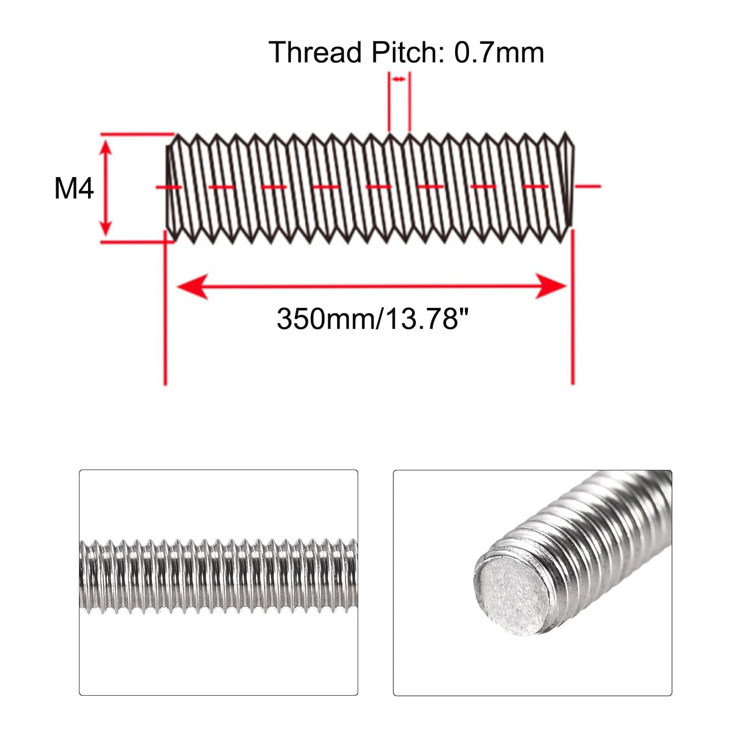 hgudesign Fully Threaded Rod M4 x 350mm 0.7mm Thread Pitch, 4 Pack 304 ...
