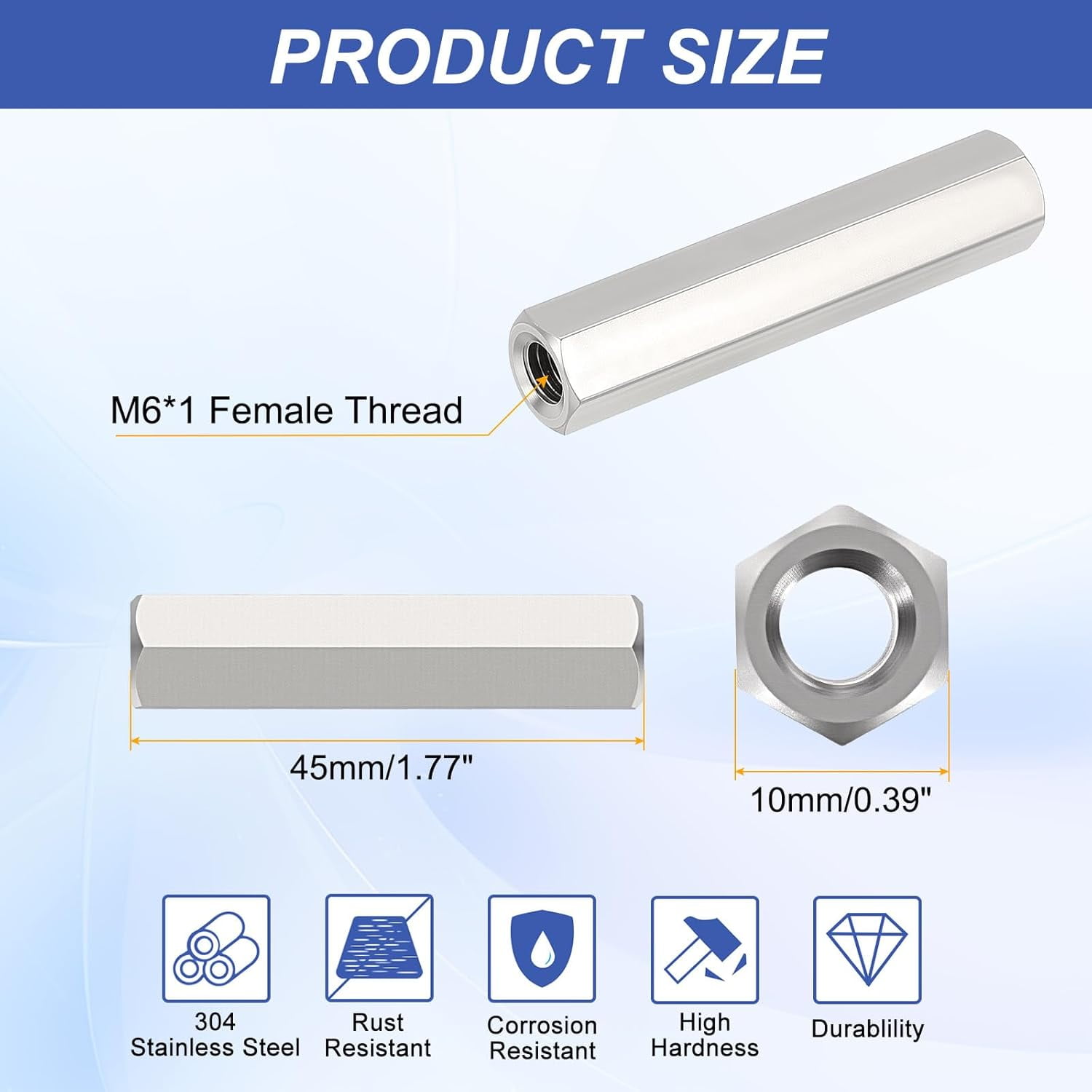 hgudesign Hex Coupling Nuts, M6 x 1-Pitch UNC 45mm/1.77" Length, 8 Pack ...