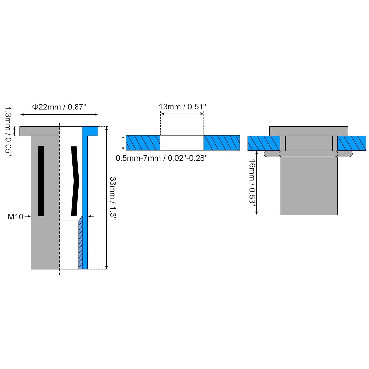 hgudesign M10 Multi-Grip Rivet Nuts, 10pcs Pre-Bulbed Shank Flat ...