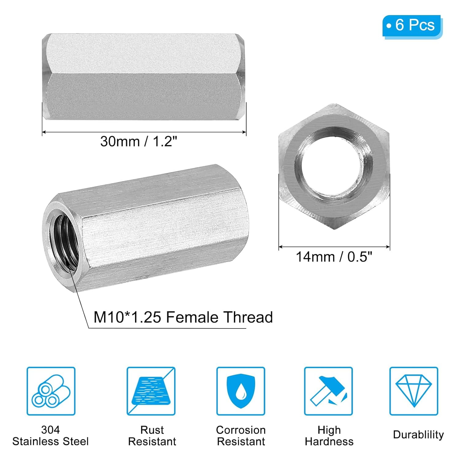 hgudesign M10 x 1.25-Pitch 304 Stainless Steel Hex Coupling Nuts, 6Pcs ...