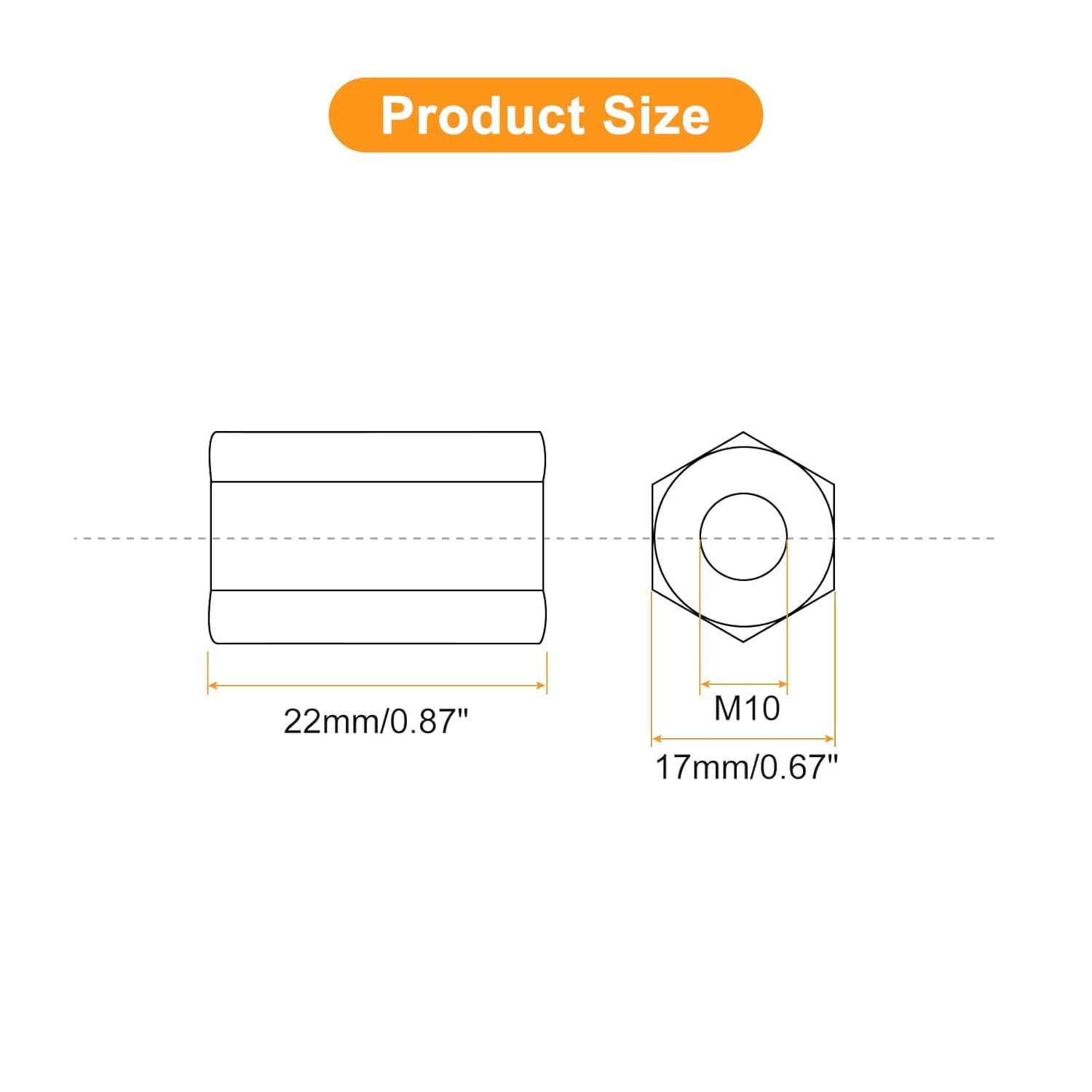 hgudesign M10 x 1.5-Pitch 22mm Long Coupling Nuts, 6 Pieces 304 Stainless Steel Metric Hexagonal ...