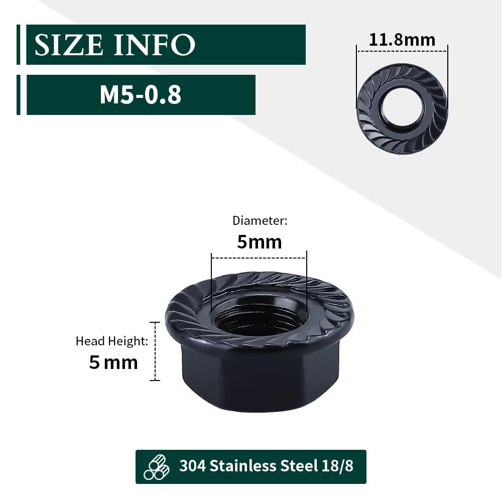 hgudesign M5-0.8 Hex Serrated Flange Nuts, 304 Stainless Steel 18-8 ...