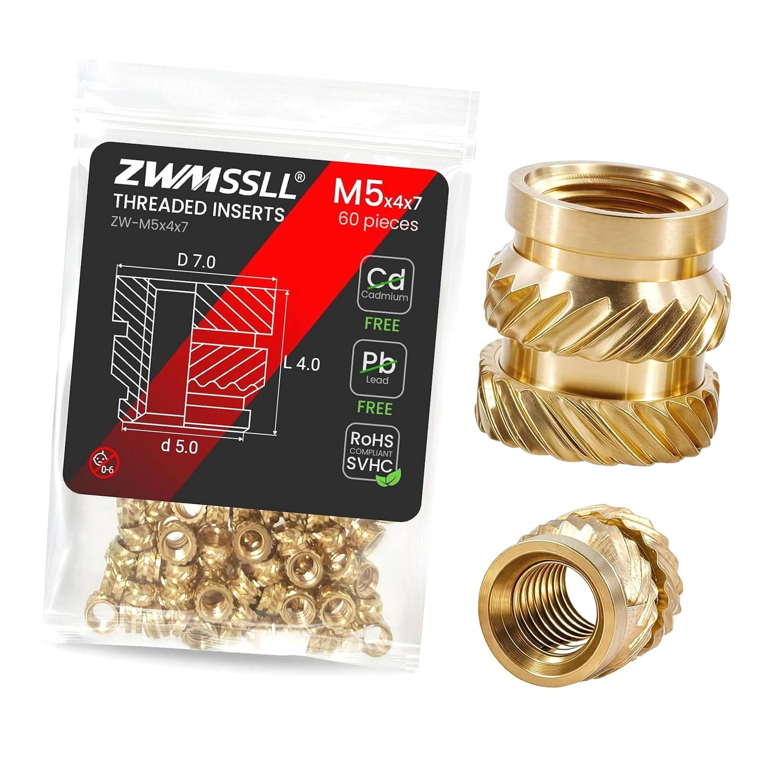 hgudesign M5 Heat-Set Threaded Inserts, M5x4x7mm(60Pieces) Heat Set ...