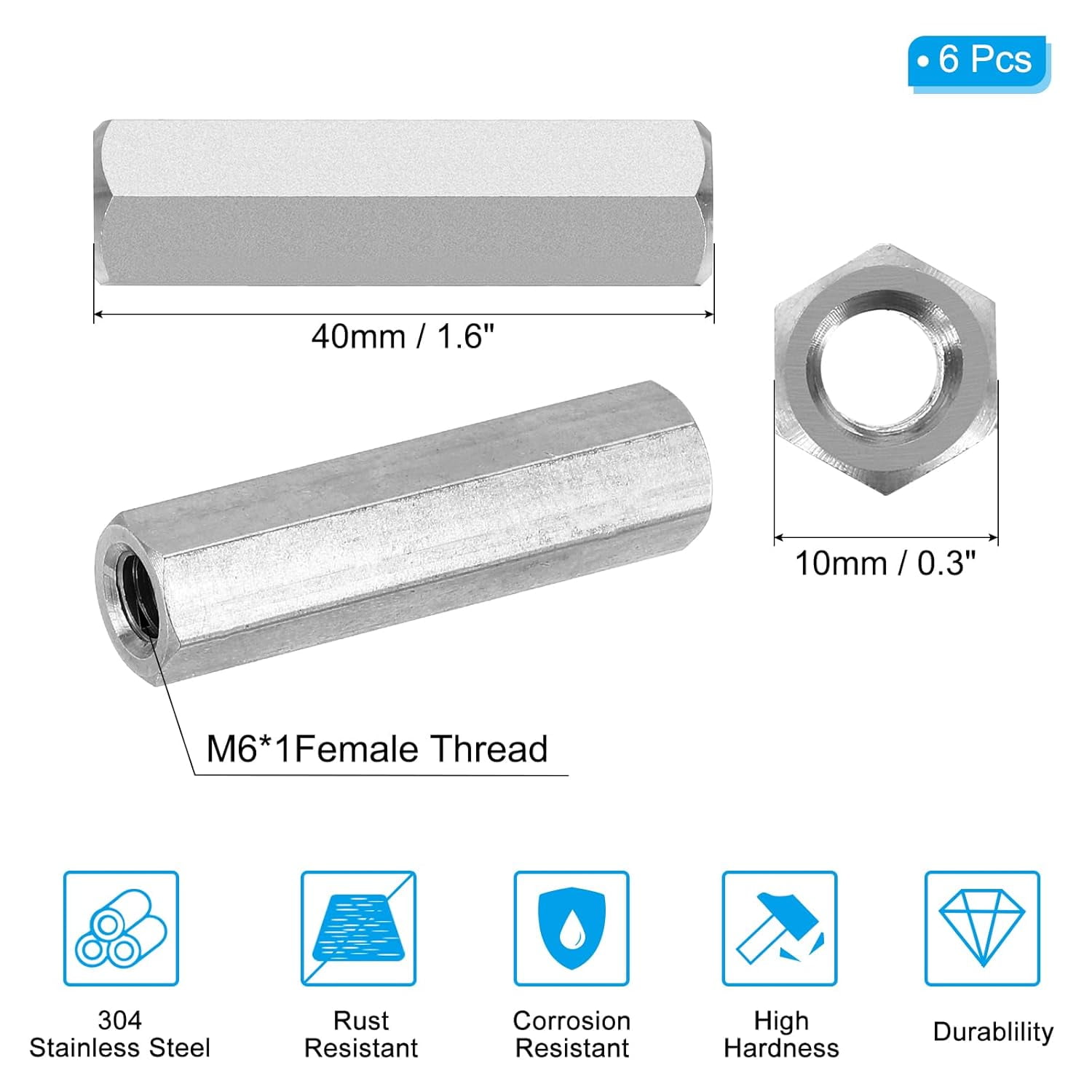 hgudesign M6 x 1-Pitch 304 Stainless Steel Hexagonal Coupling Nuts, 6 ...