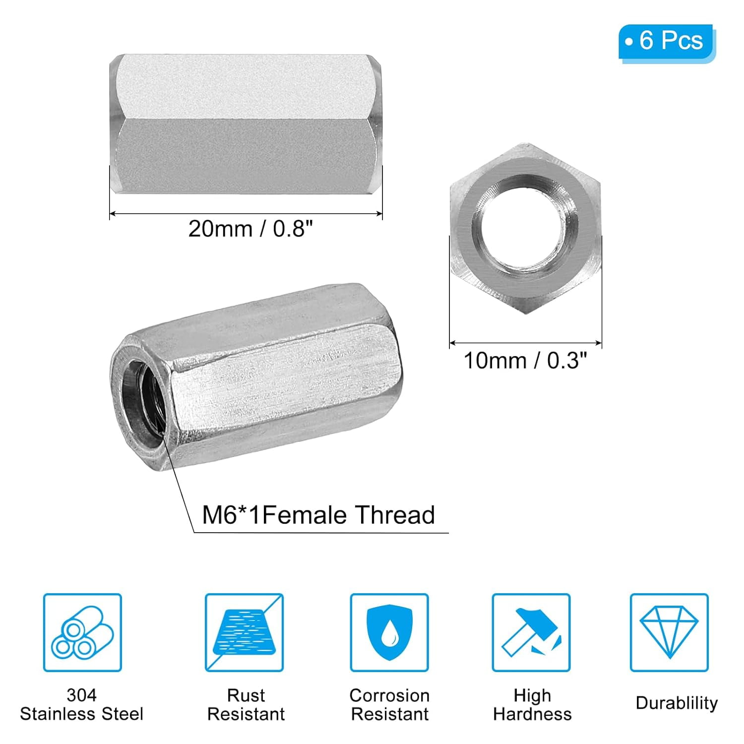hgudesign M6 x 1-Thread Pitch 304 Stainless Steel Hexagonal Coupling ...