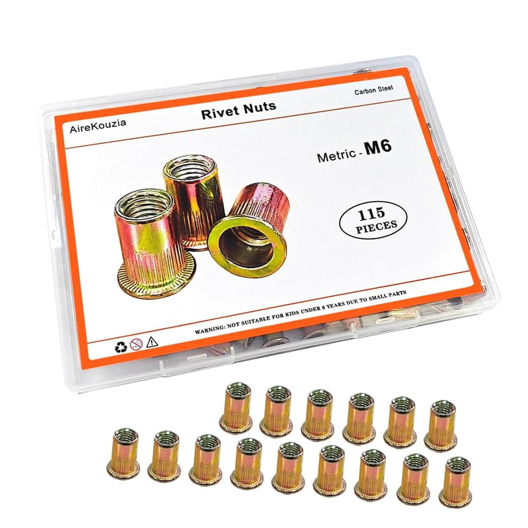 hgudesign Metric M6 Rivet Nut Kit -115Pcs RIV Nuts Carbon Steel Flat Rivnut Threaded Insert for ...