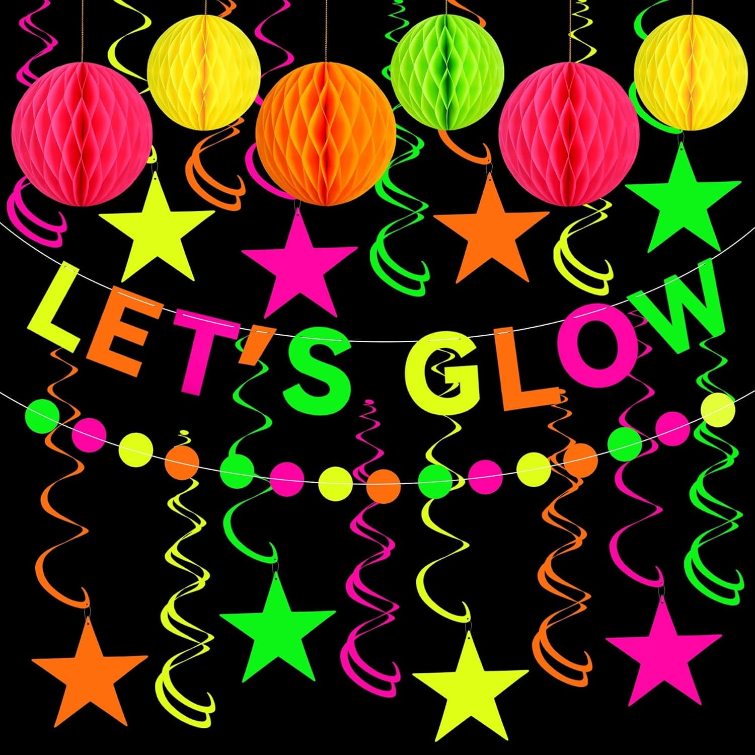 hgudesign Neon Party Supplies includes Let' Party Banner Star Hanging ...