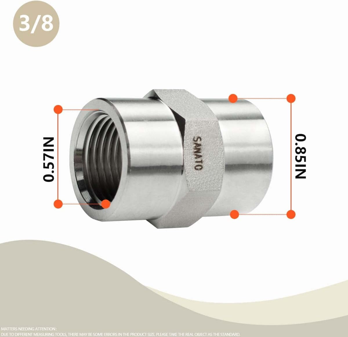 hgudesign Single 304 Stainless Steel Forged Hex Coupling, 3/8" NPT x 3/ ...