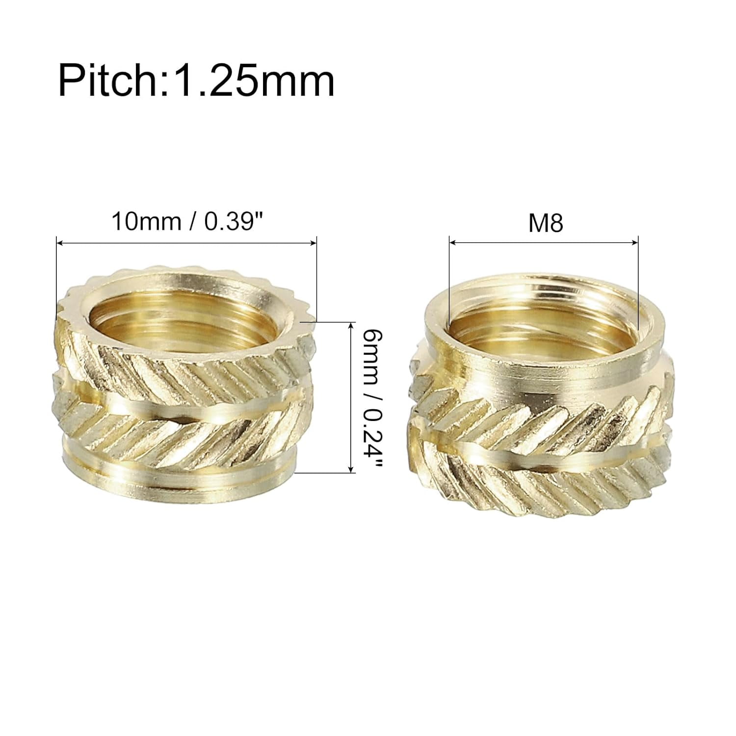 hgudesign Textured Threaded Inserts, 25 units M8 x 6mm Length x 10mm ...