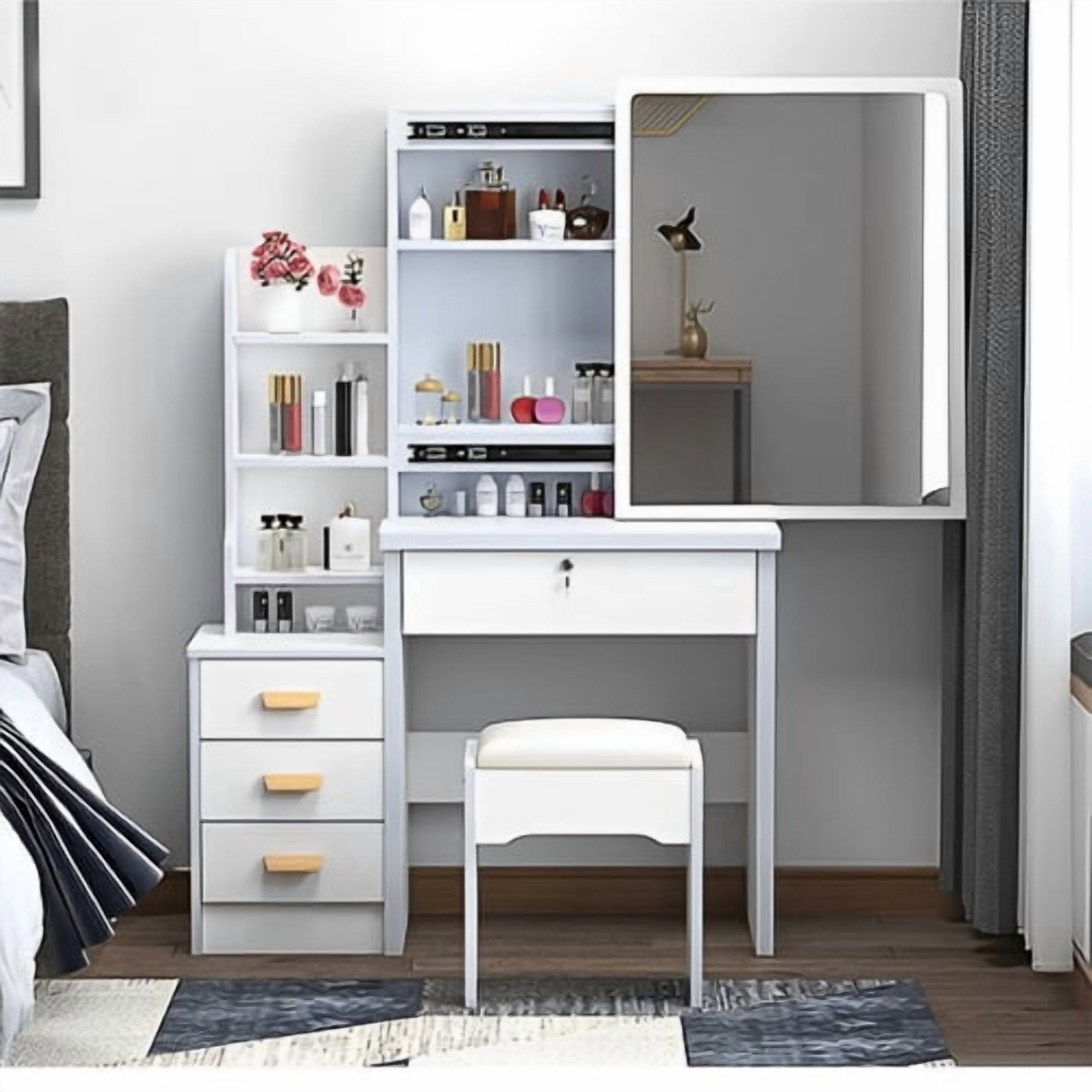hinrey Vanity Desk with Mirror and Lights, White Makeup Vanity with 4 ...