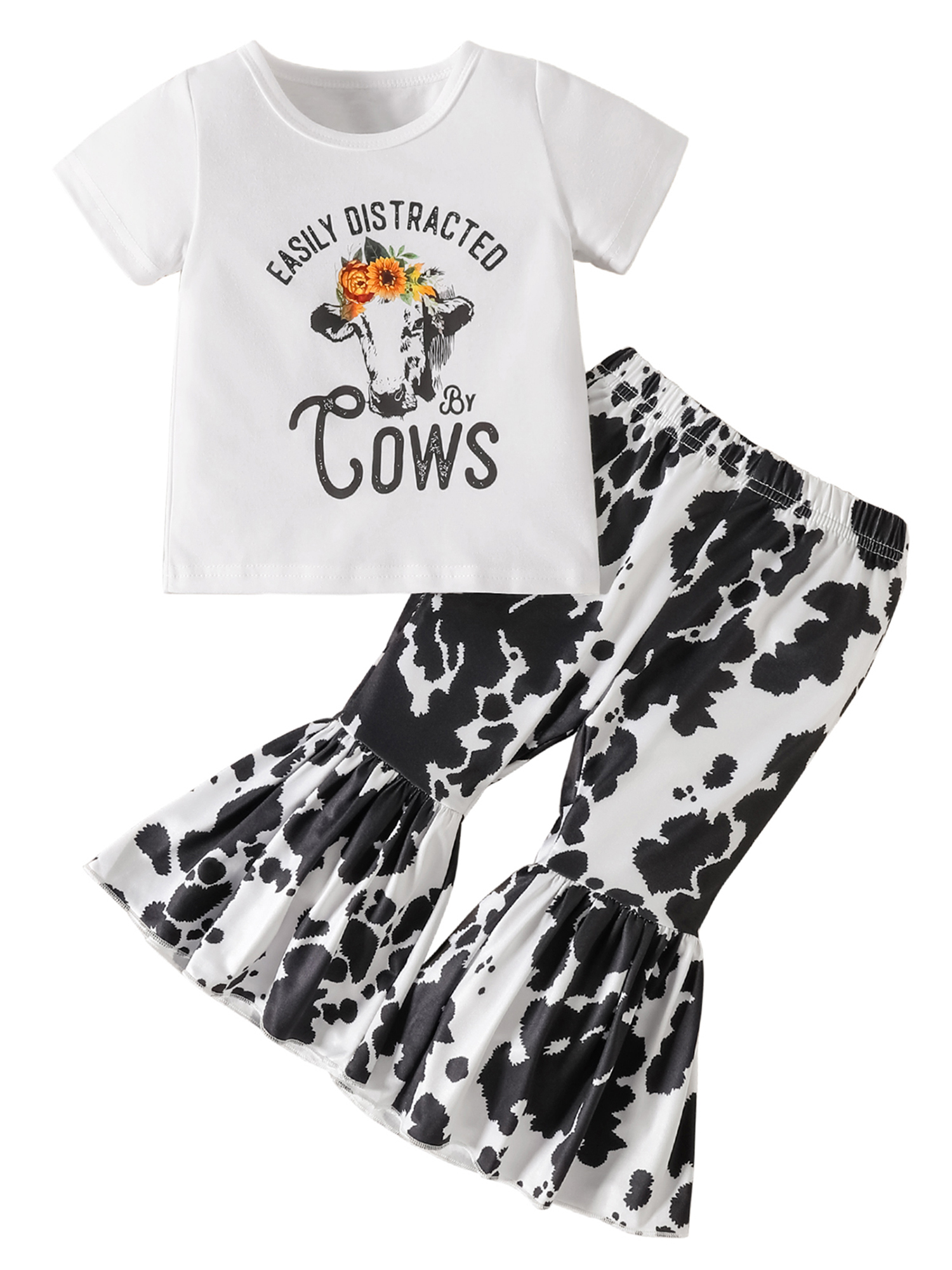 hirigin Kids Girls Summer Outfits Cow Head Print Short Sleeve T-shirt and Cow Pattern Flare ...