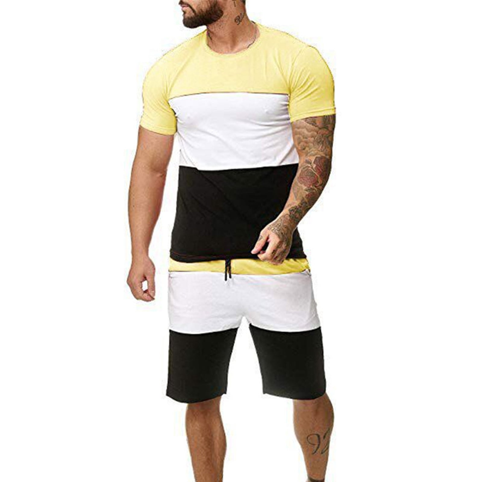 hirigin Men Contrast Color Clothes Set Short Sleeve Tops+Drawstring ...