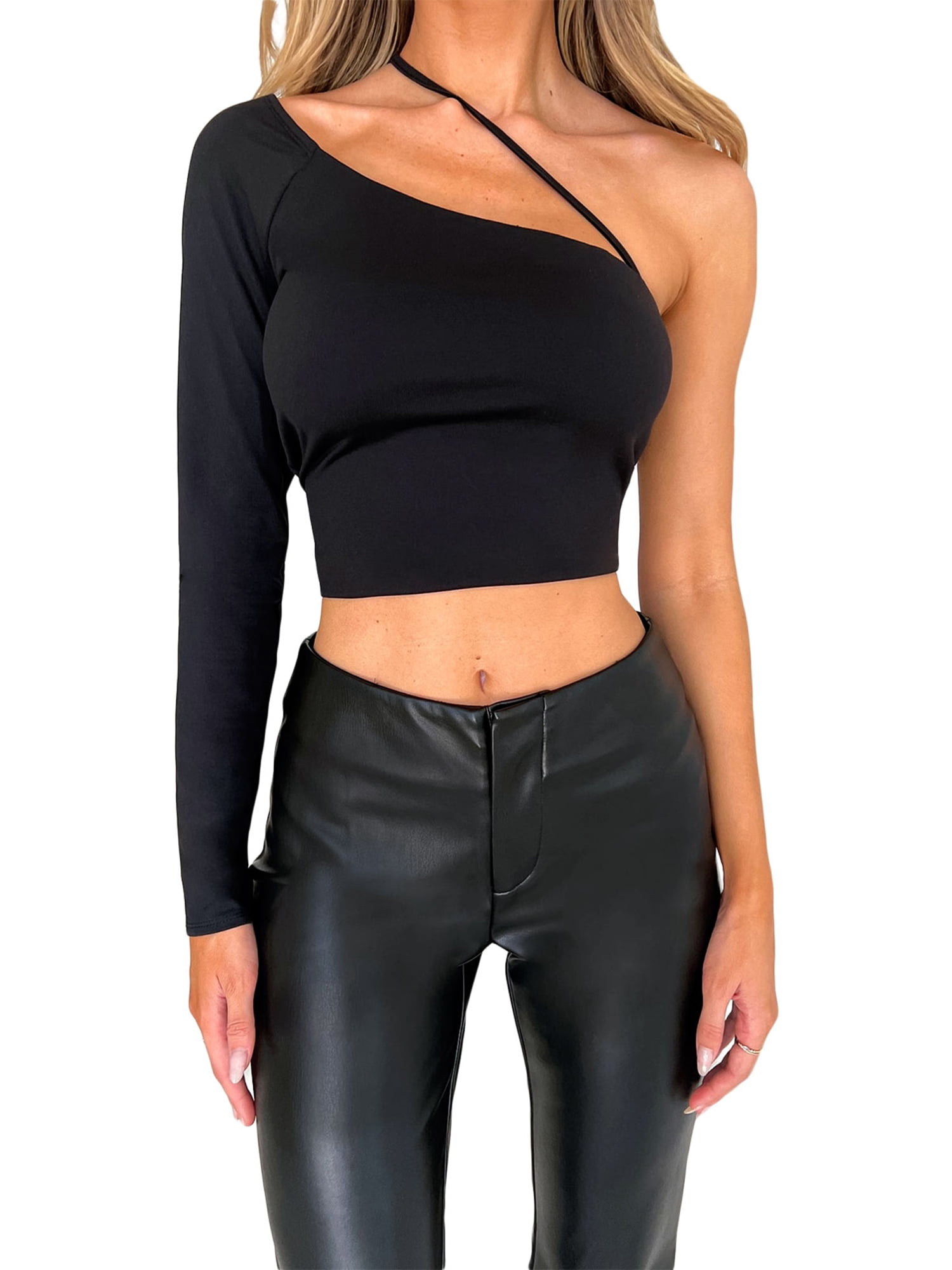 hirigin Women's Long Sleeve Crop Tops, Solid Color One Shoulder Slant ...