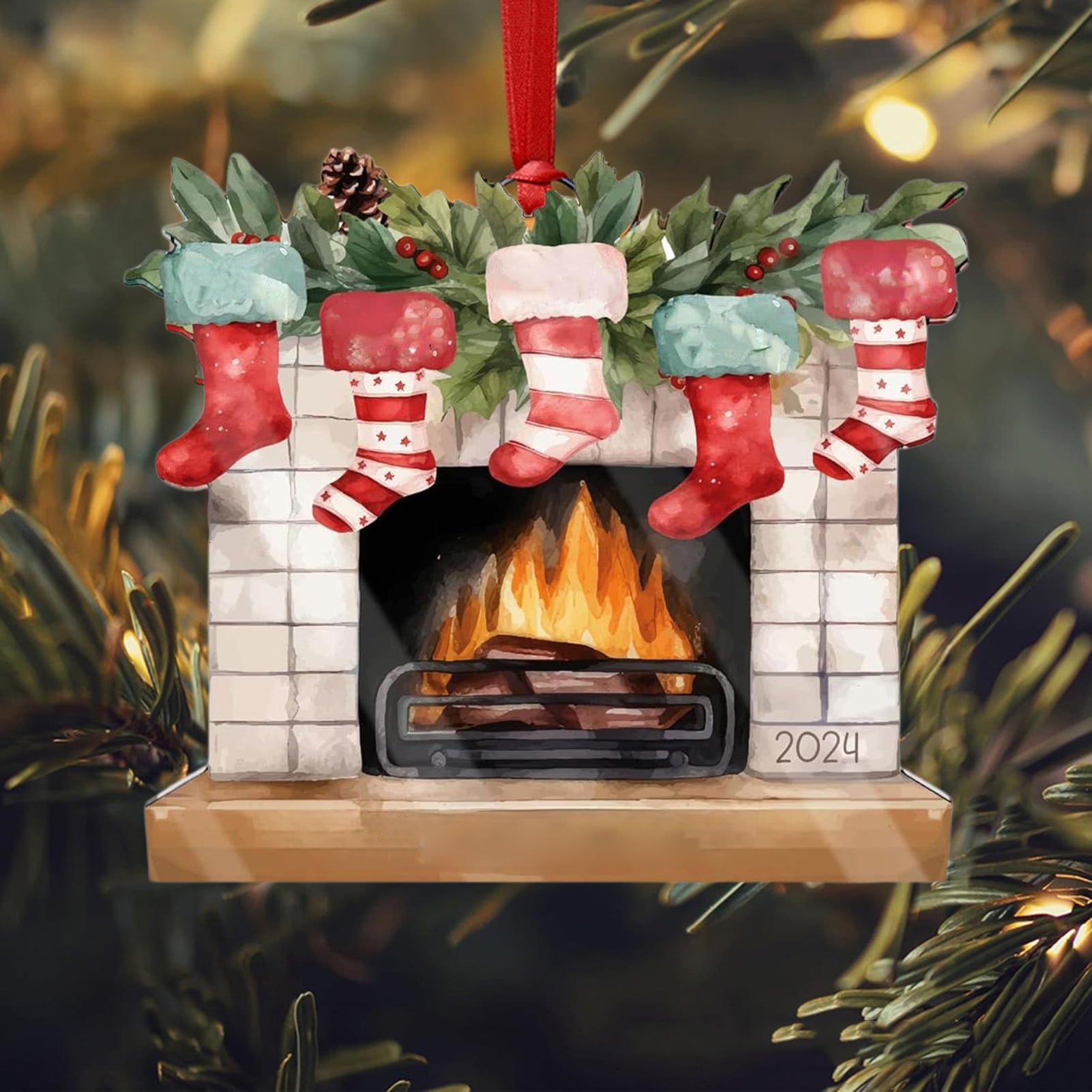 hiryomu Christmas Pendant Acrylic Hanging Fireplace with Xmas Stockings ...