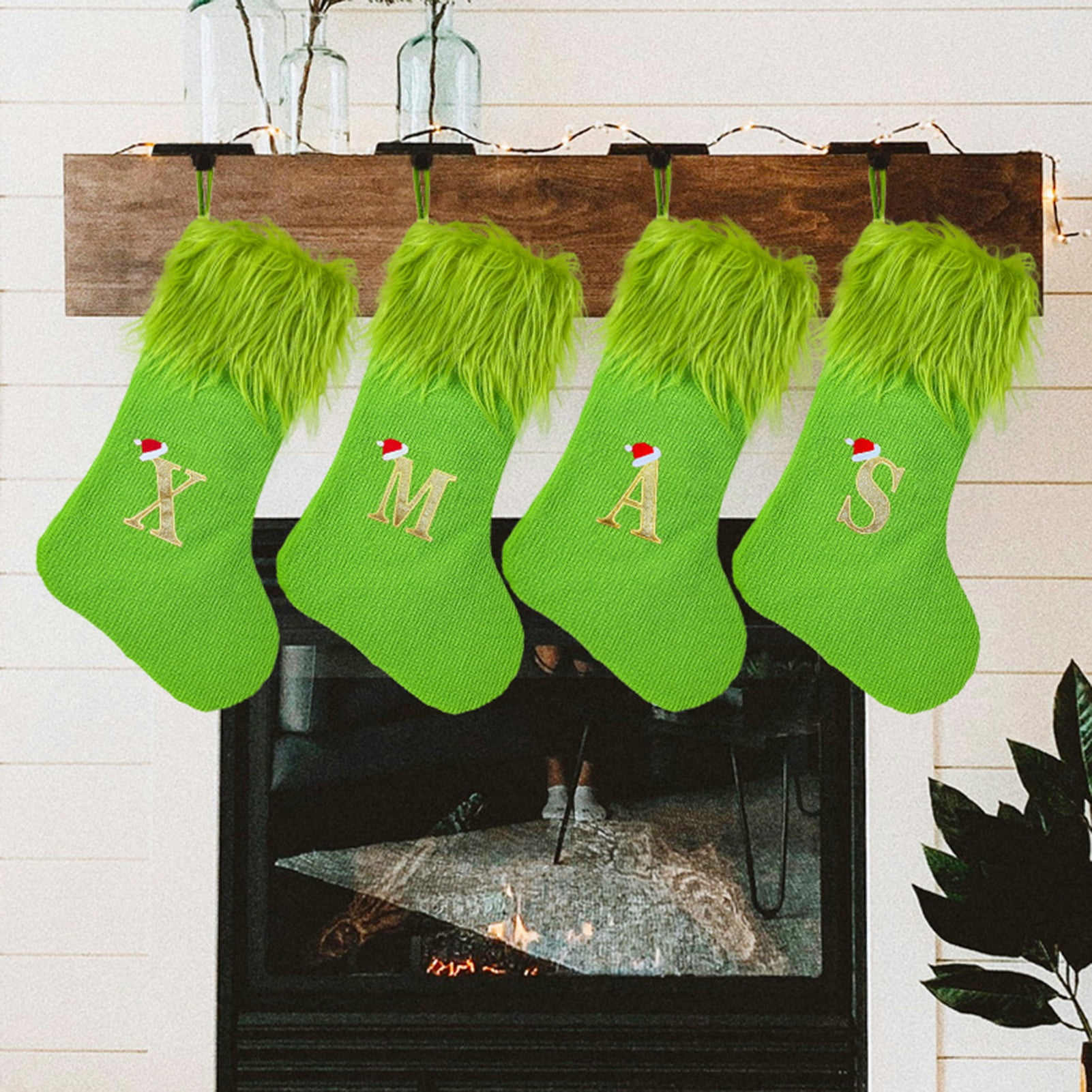 hiryomu Christmas Stocking Hanging Green Elf Stocking Faux Fur Treat ...
