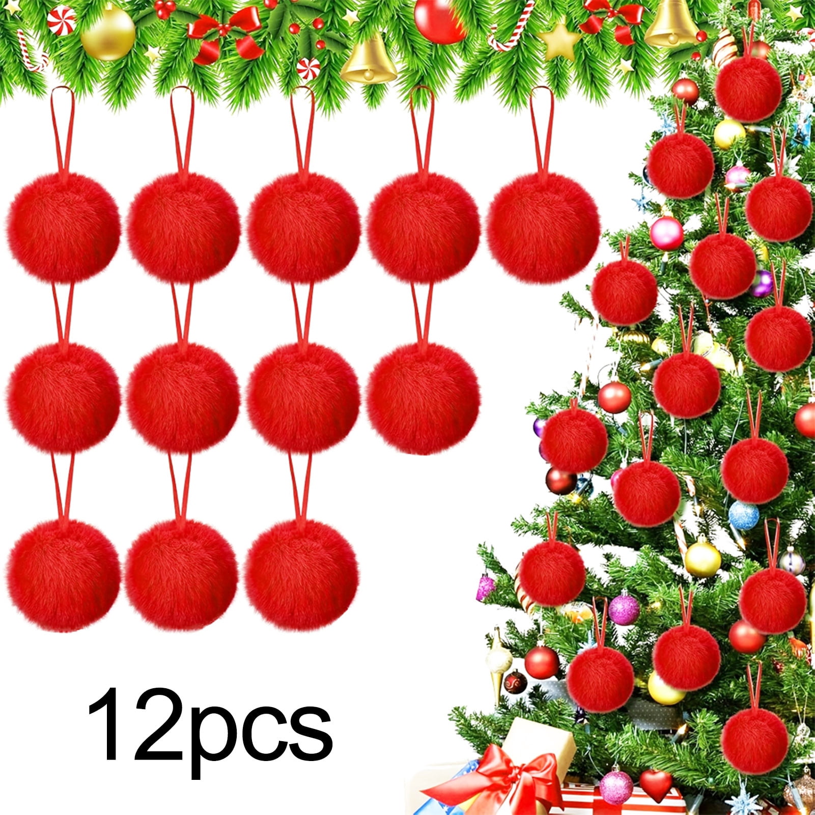 hiryomu Fluffy Christmas Ball Plush Hanging Ball Ornament Solid Color ...