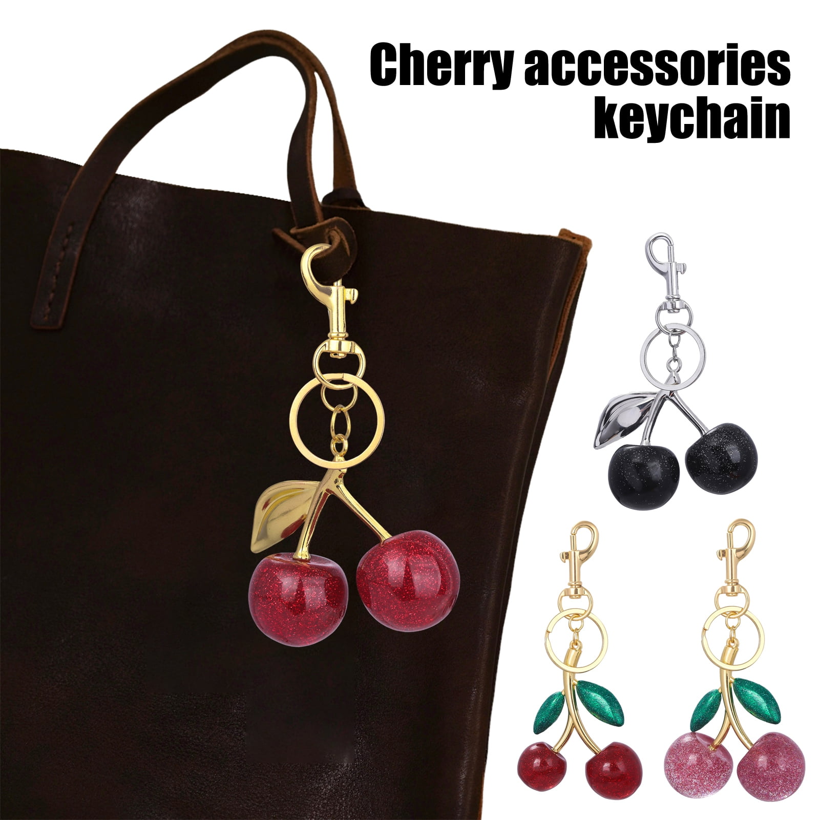 hiryomu Keychain Bag Charm with Golden Shimmering Resin Cherries ...