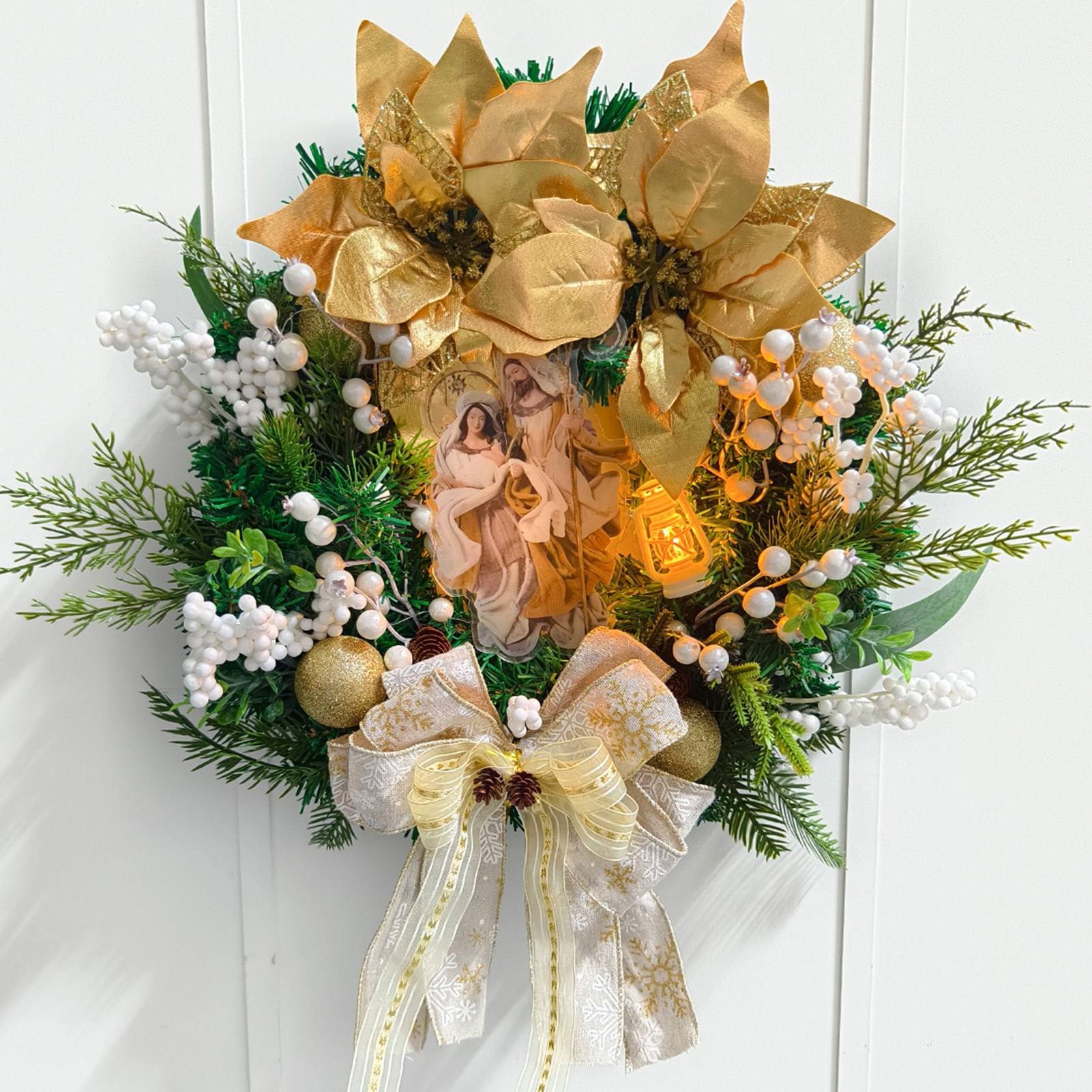hiryomu Nativity Scene Christmas Wreath Light-up Front Door Garland ...