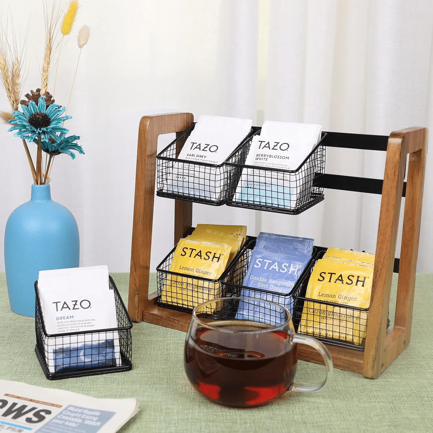 hlquji 2 Tier Tea Organizer for Tea Bags Tea Bag Holder with Acacia ...