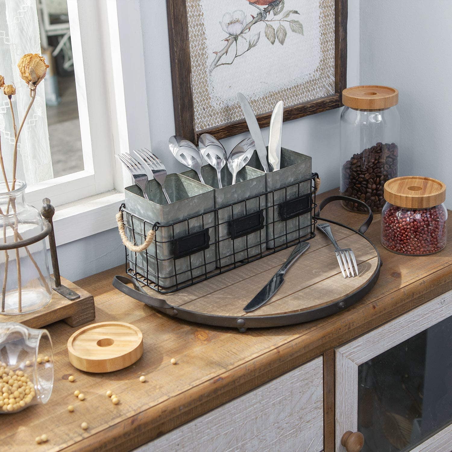 qyrhfvak Farmhouse 3 Compartment Galvanized Flatware Cutlery Caddy ...