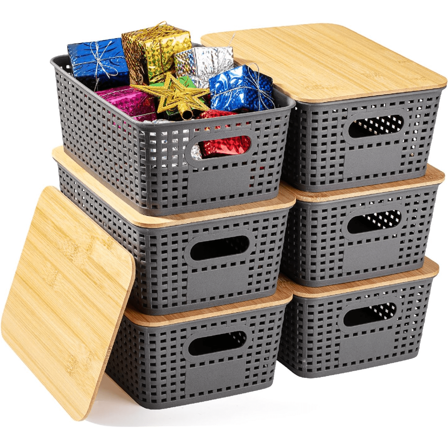 hlquji - Plastic Storage Baskets with Bamboo Lid 6 pcs Cream White ...