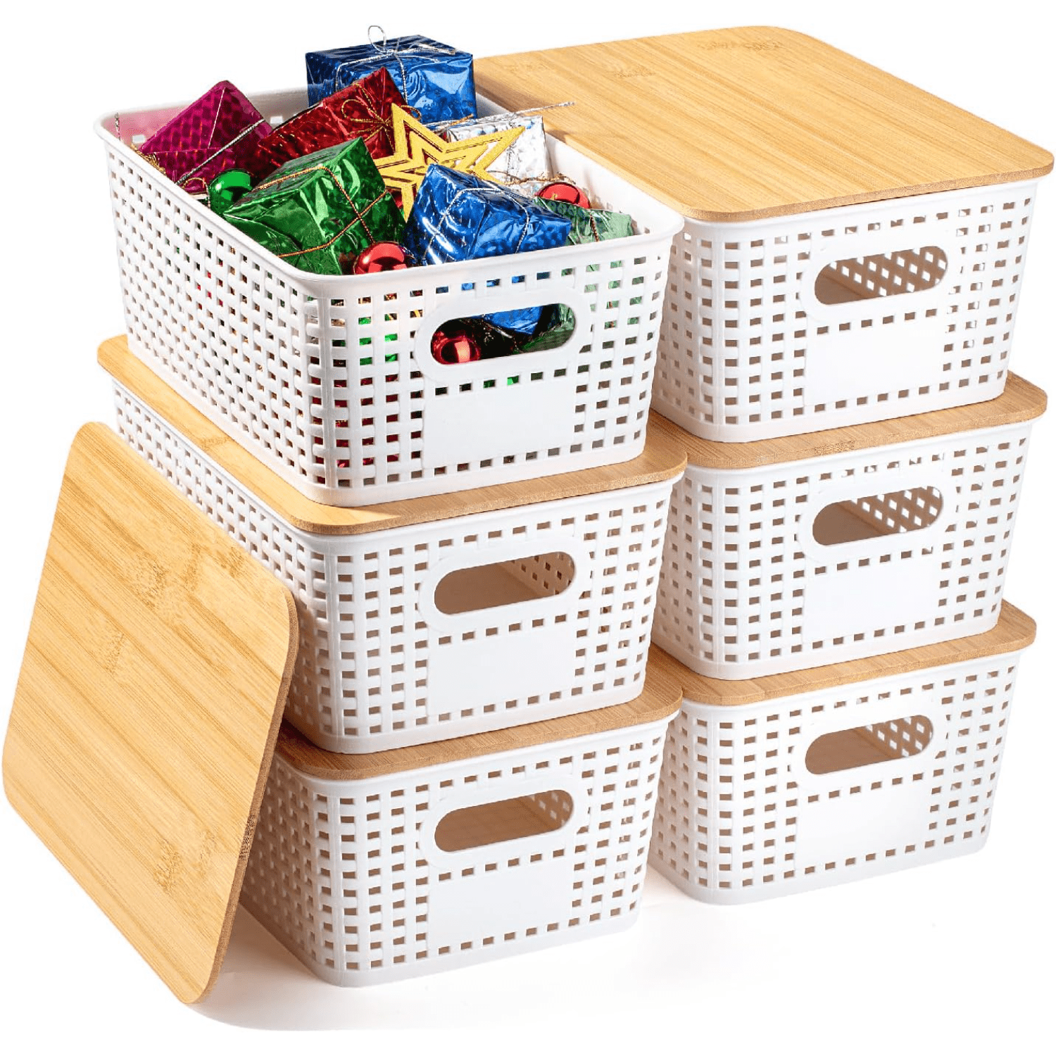 hlquji - Plastic Storage Baskets with Bamboo Lid 6 pcs Cream White ...