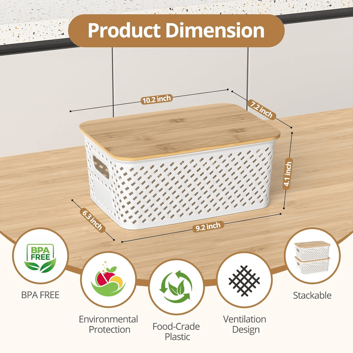 hlquji Plastic Storage Bins with Bamboo Lids Stackable Storage Baskets ...