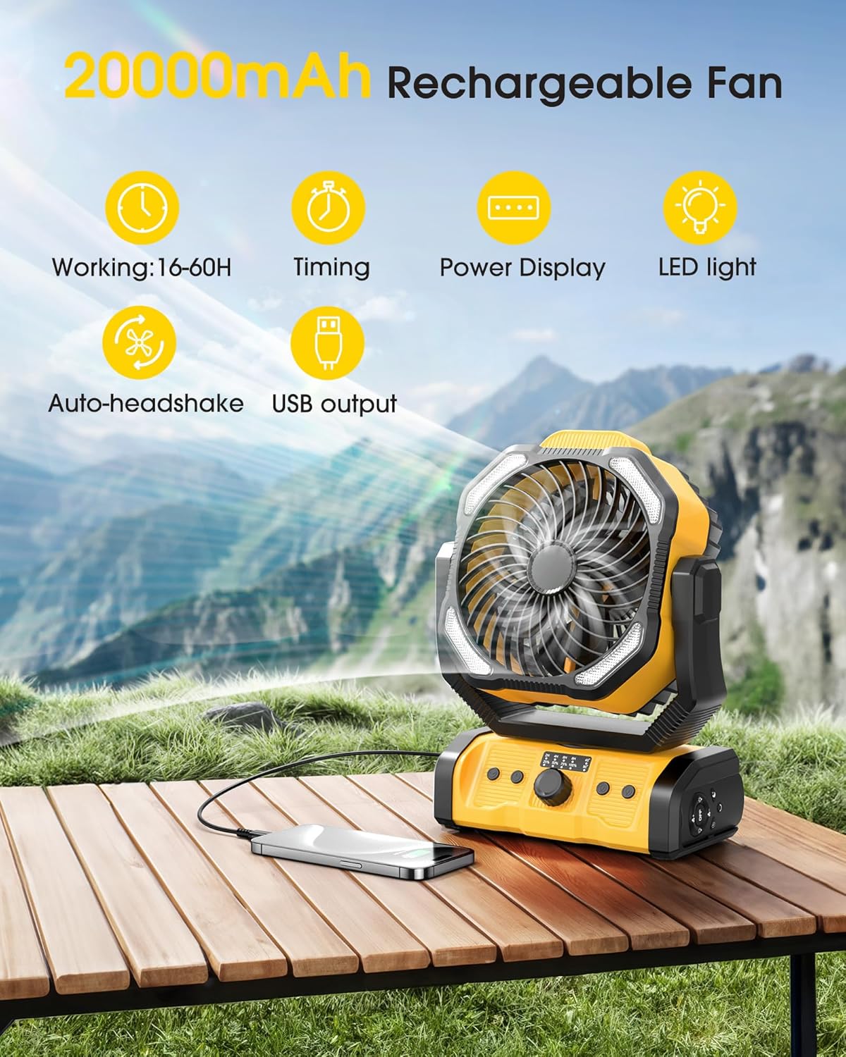 hlquji Portable Rechargeable Camping Fan - 20000mAh Cordless Battery ...