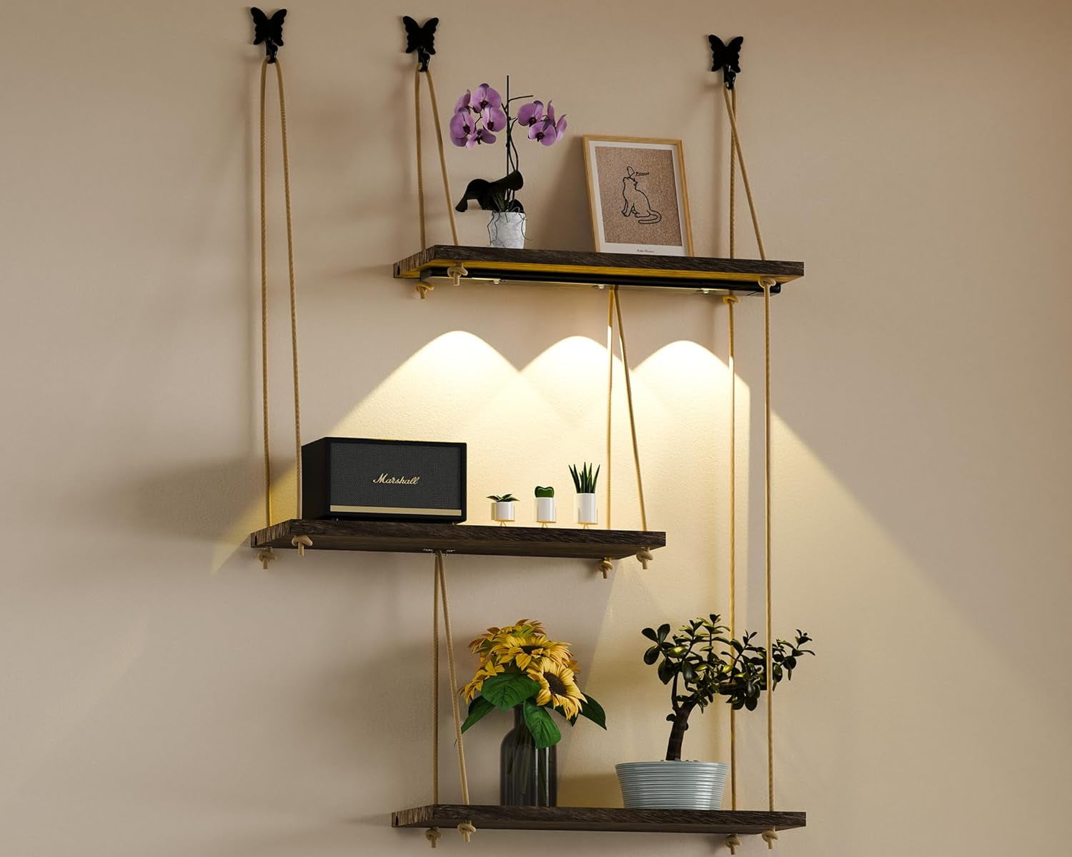 hltdhyi Floating Shelves 3-Tier Boho Hanging Shelves for Wall Rustic ...