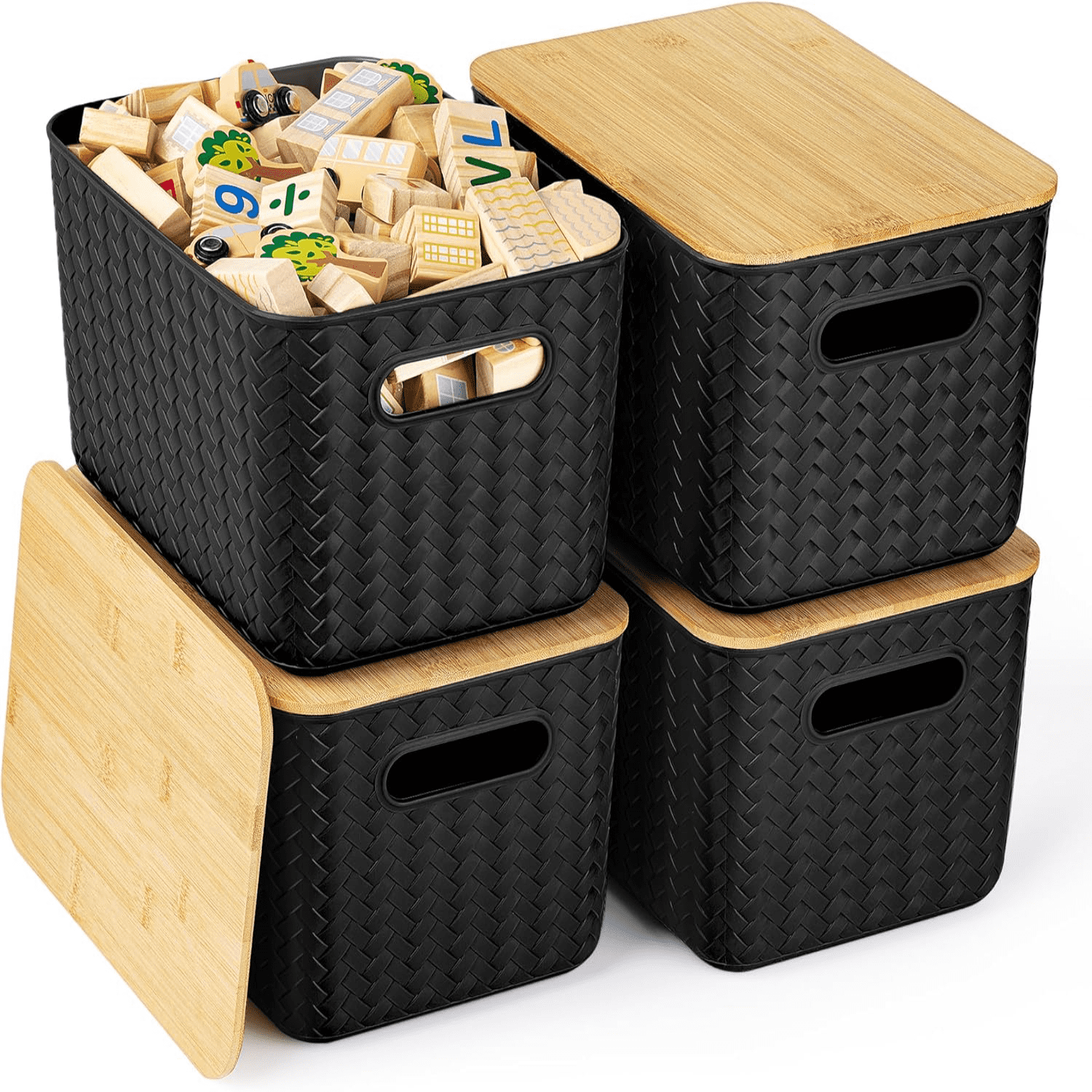 hltdup 4 Packs Storage Bins with Bamboo Lids - Plastic Storage ...