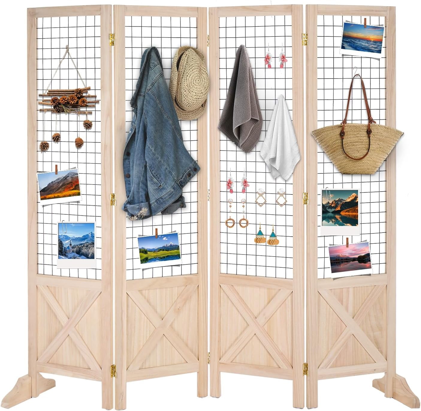 hltghu Room Divider Freestanding Gridwall 4 Panel Folding Display Board ...