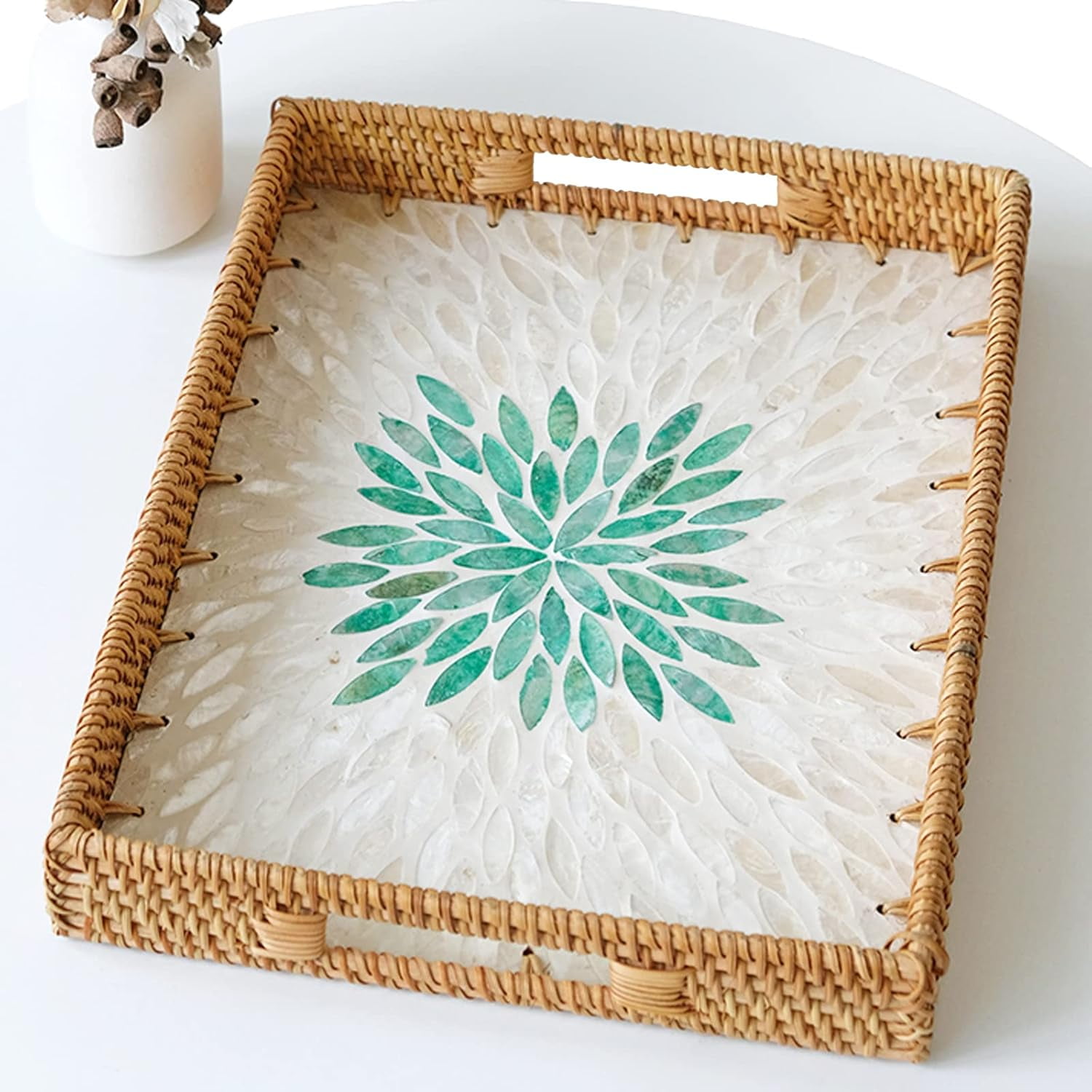 hltidu 15" Rectangular Rattan Woven Tray Basket with Mother of Pearl ...