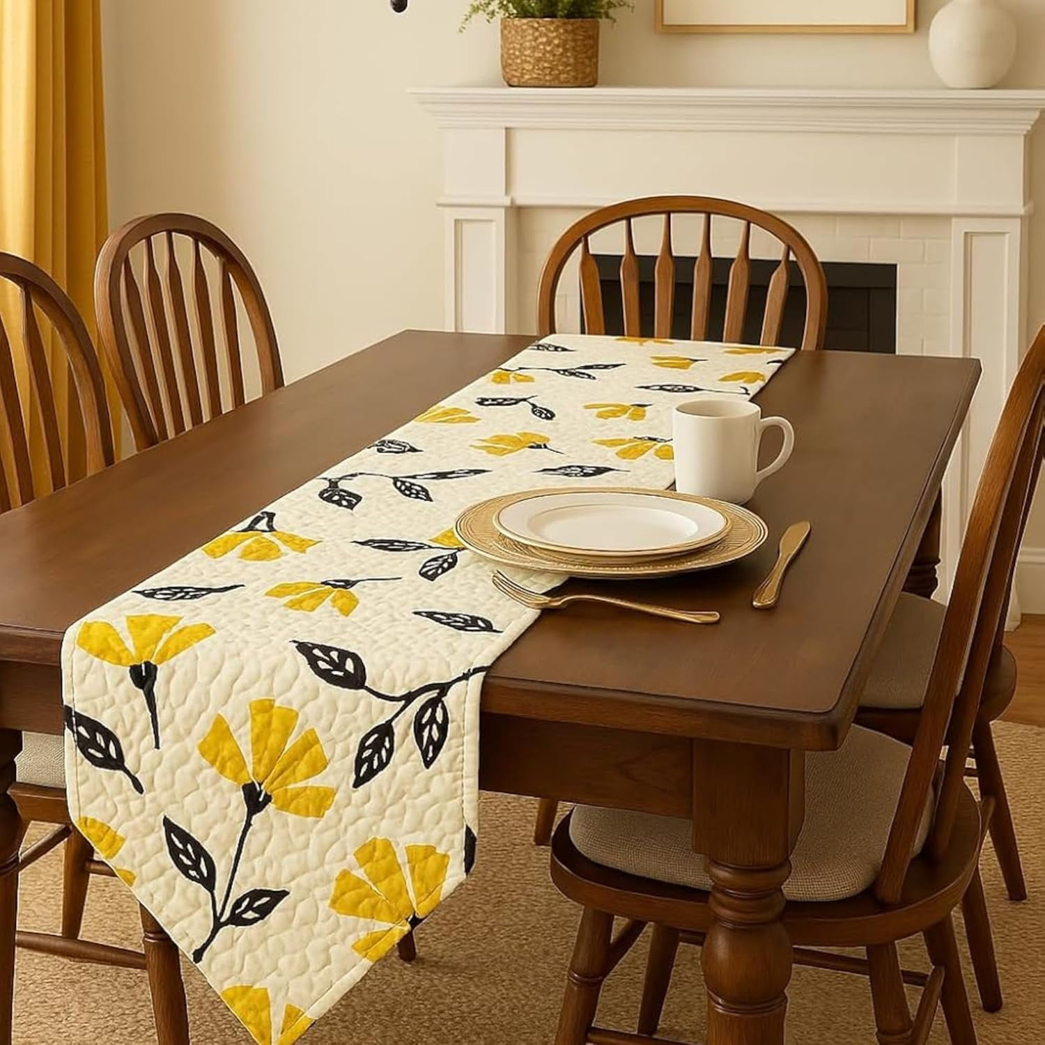 hltidu DaDalogy Yellow Floral Quilted Table Runner - Golden Orange Tulips Spring Decor for ...
