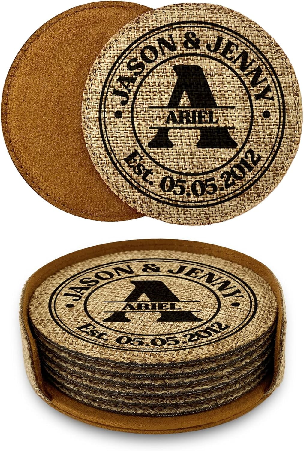 hltidu Family Monogram Custom Coaster with Base Round Burlap Material ...