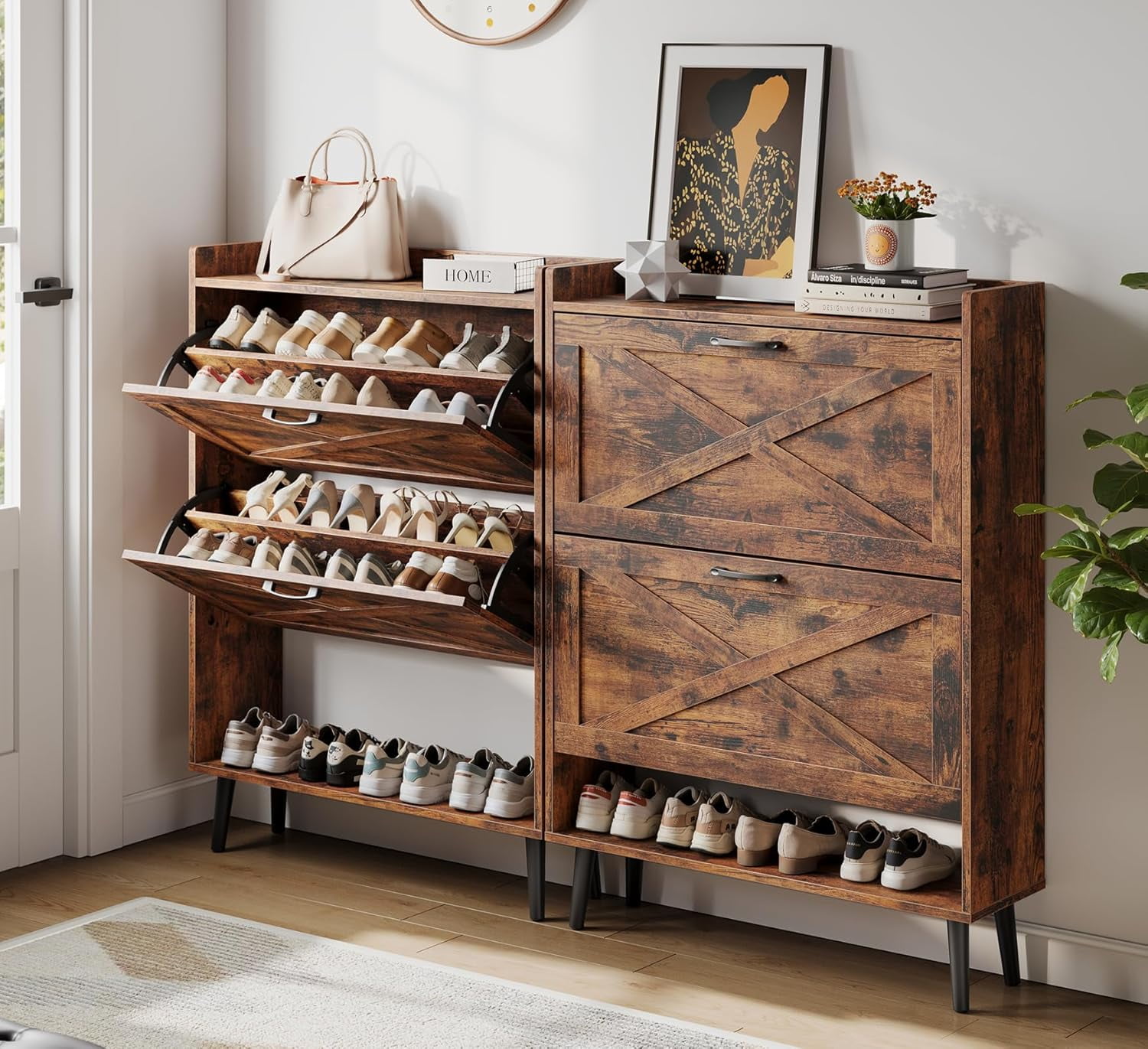 hltish Shoe Storage Cabinet 2 Flip Drawers Shoe Rack Cabinet with Pine ...