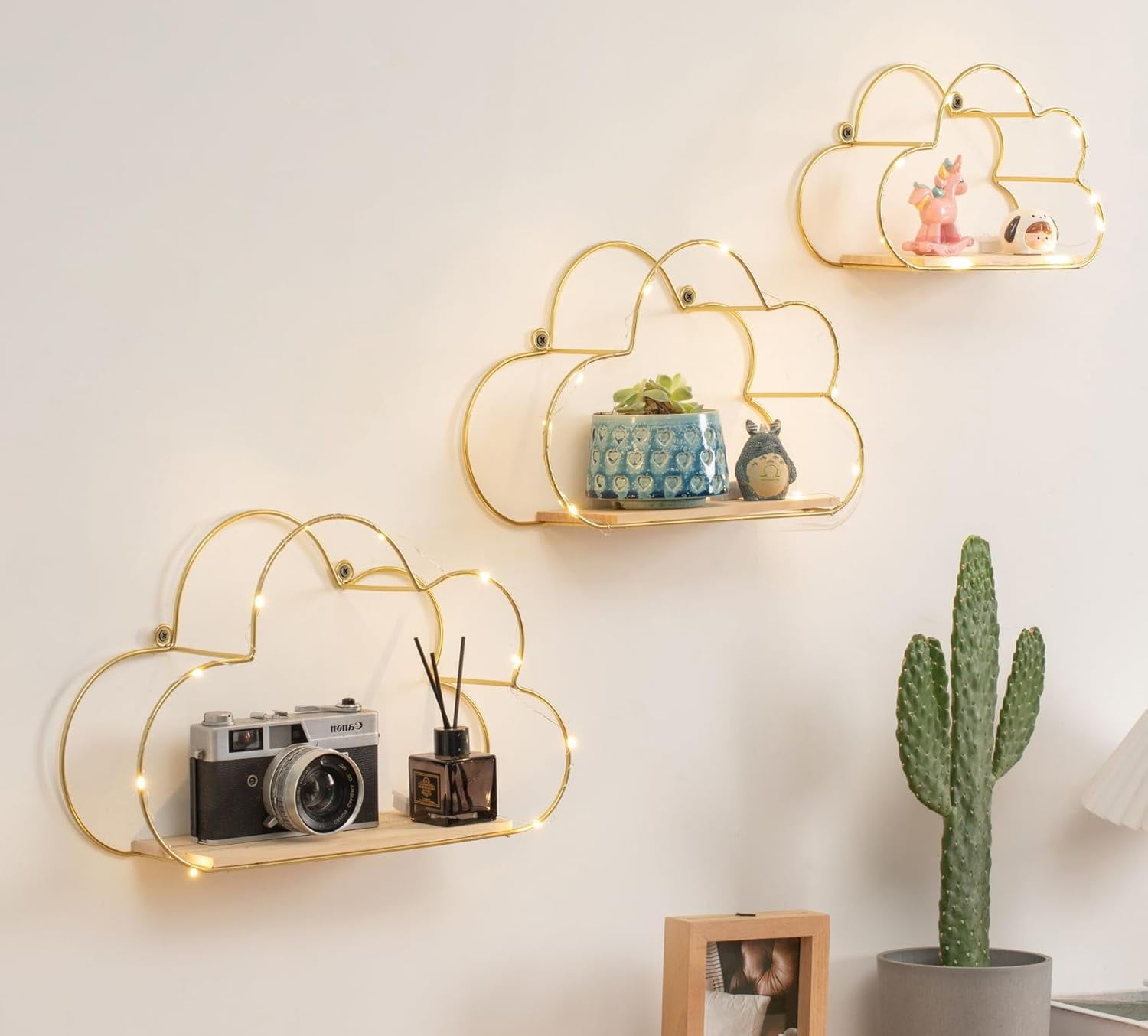 hltiug - Golden Cloud Shape Floating Shelves with LED Lights Wall Decor ...