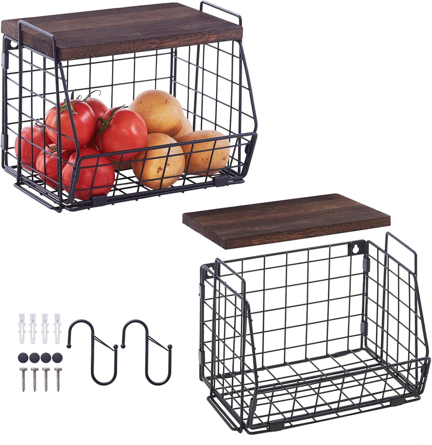 hltiug Wall Storage Hanging Baskets 2 Pack - Large Wooden Top Wire ...