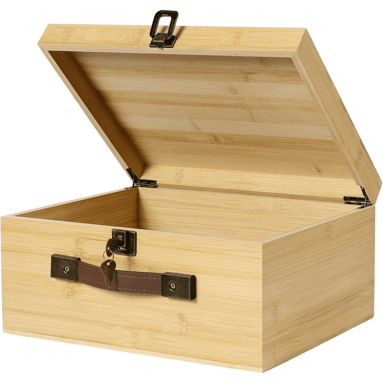 hltjuds Large Bamboo Wood Storage with Lock Keys Hinged Lid PU Leather ...