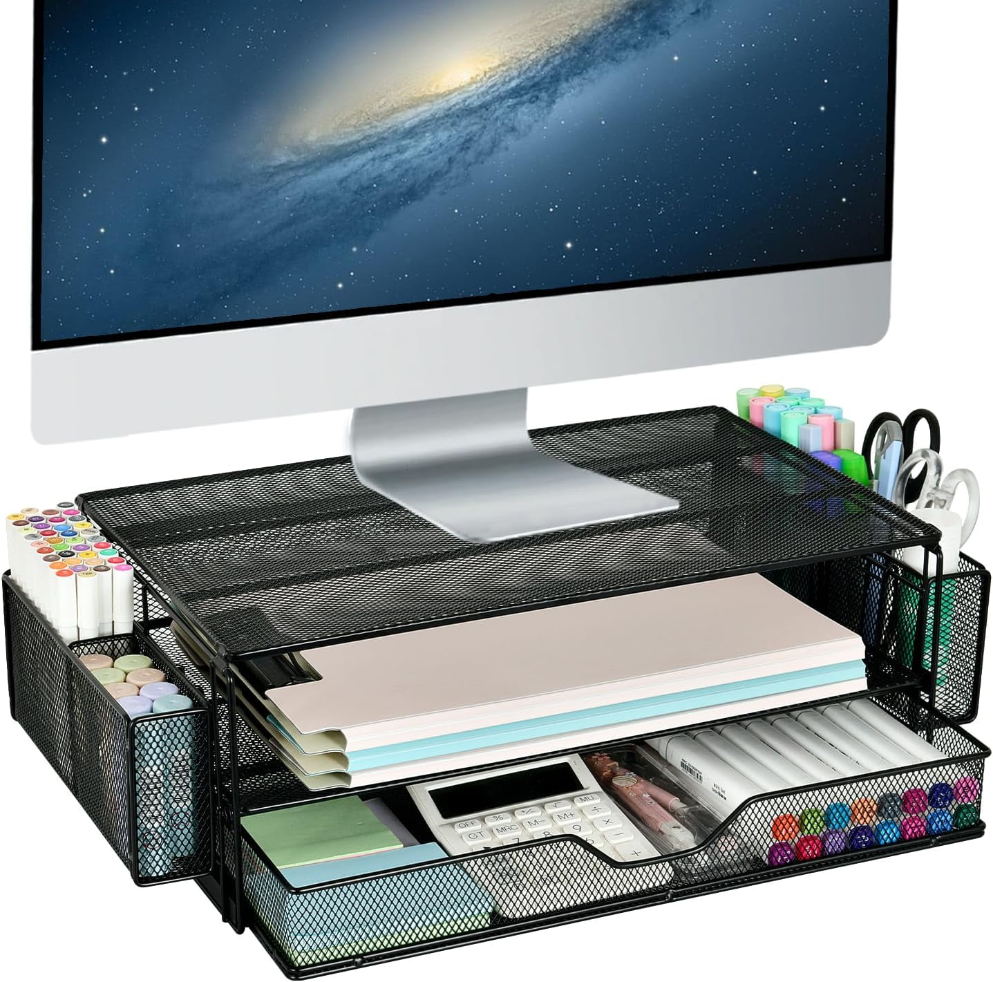 hltsuio AUPSEN 2 Tier Computer Monitor Stands with Drawer and 2 Pencil ...