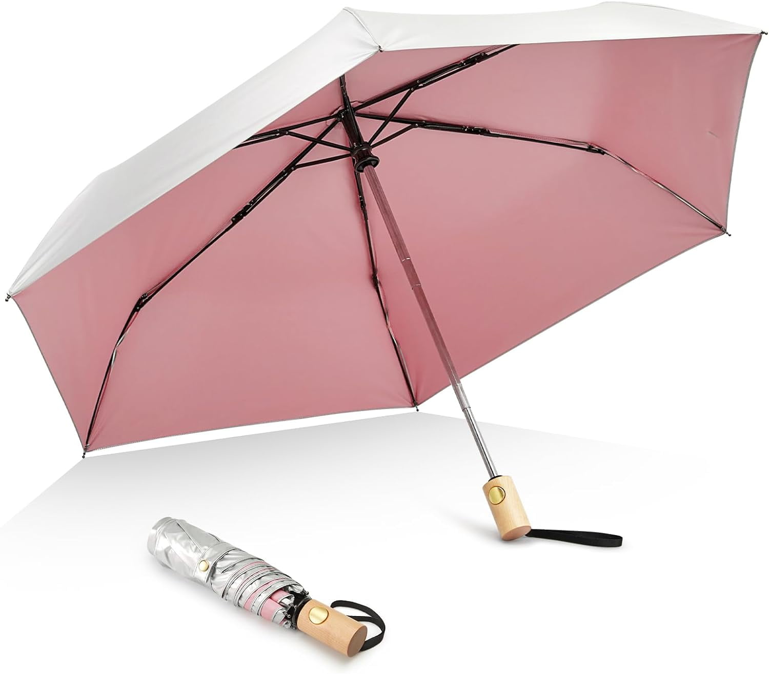 sasyxdc UPF 50+ UV Travel Umbrella with Wooden Handle 42 Inch ...
