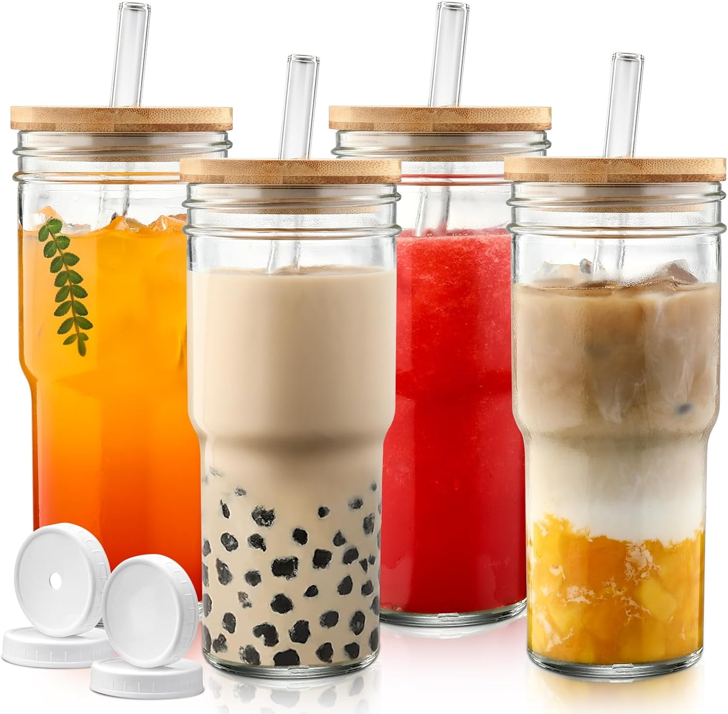 hltudop Glass Cups with Lids and Straws 24 oz Smoothie Cup with Lid and ...