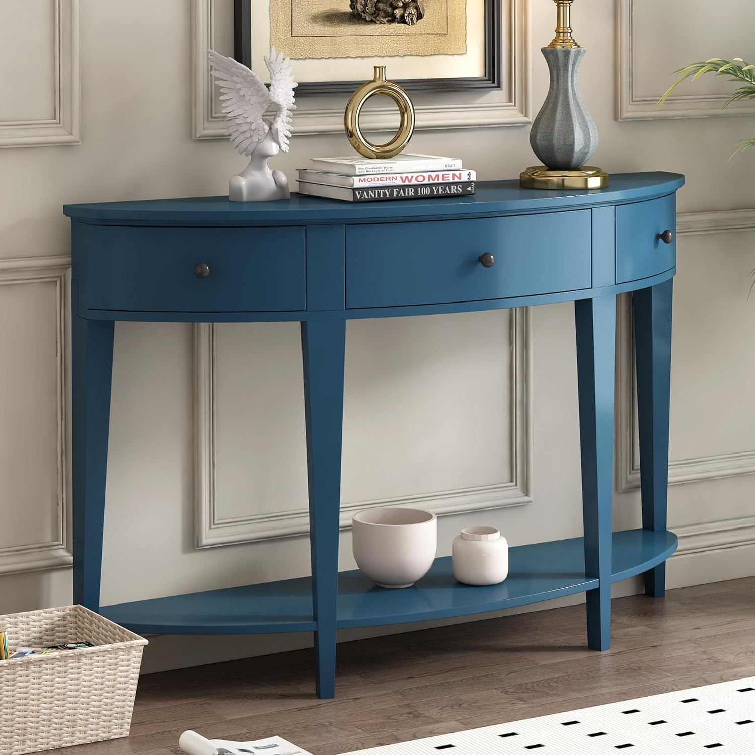 hltudy Curved Console Table Wood Entryway Table with 3 Drawers and ...