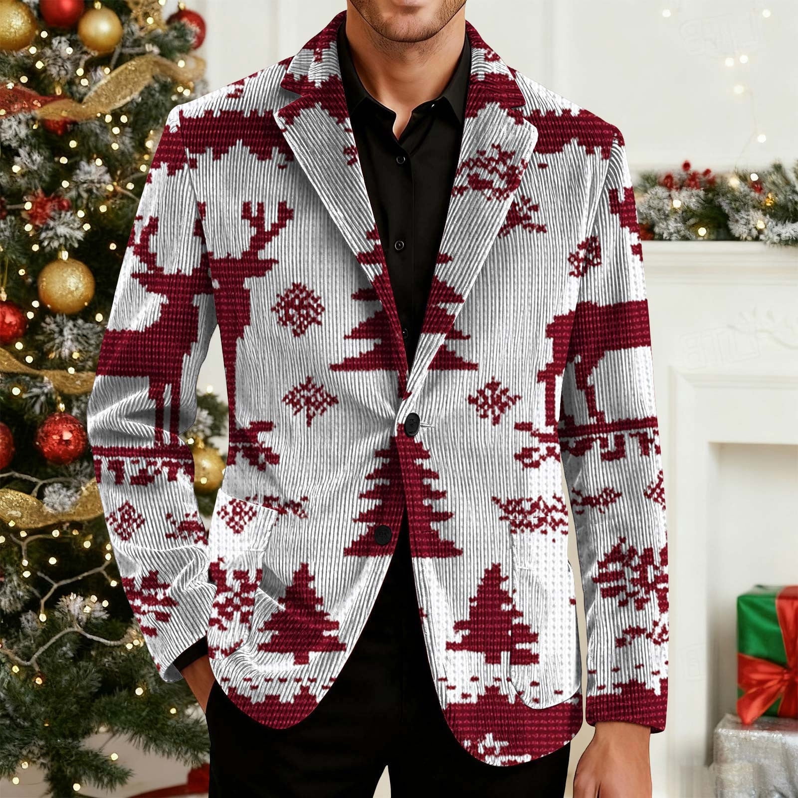 hlysgo Christmas Blazer Mens Vintage Xmas Reindeer Print Holiday Party ...