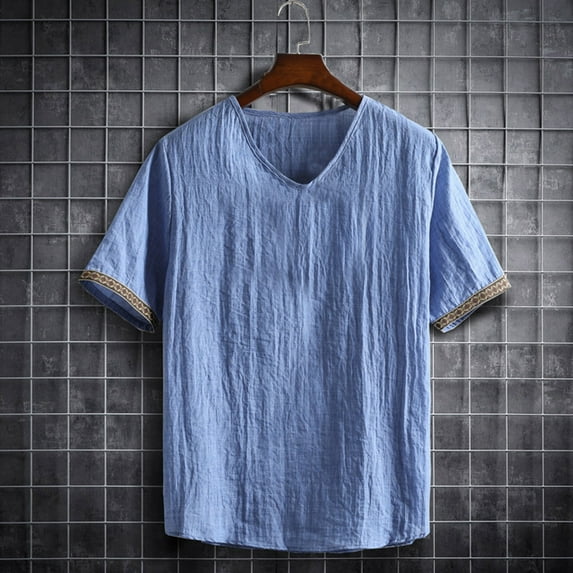 hlysgo Cotton Linen Shirts for Men Short Sleeve V Neck T Shirt Casual ...
