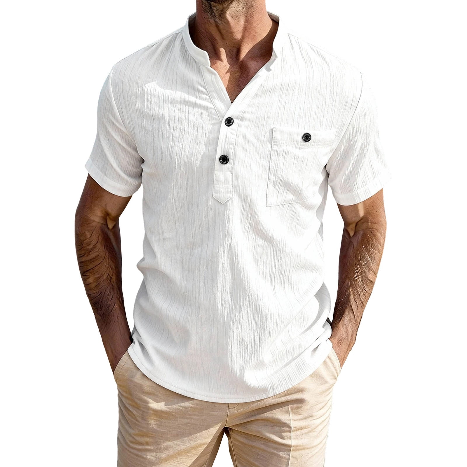 hlysgo Men's Hot Weather Shirt Cotton Linen Henley Shirt with Chest ...