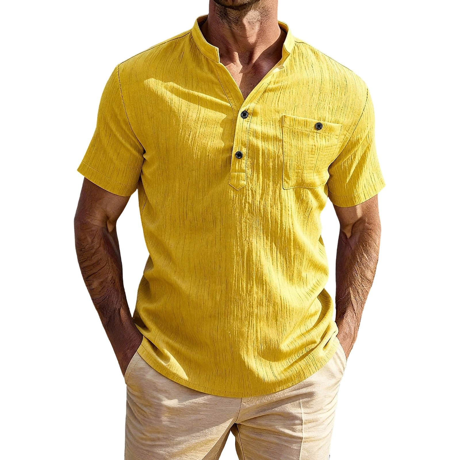 hlysgo Men's Hot Weather Shirt Cotton Linen Henley Shirt with Chest ...