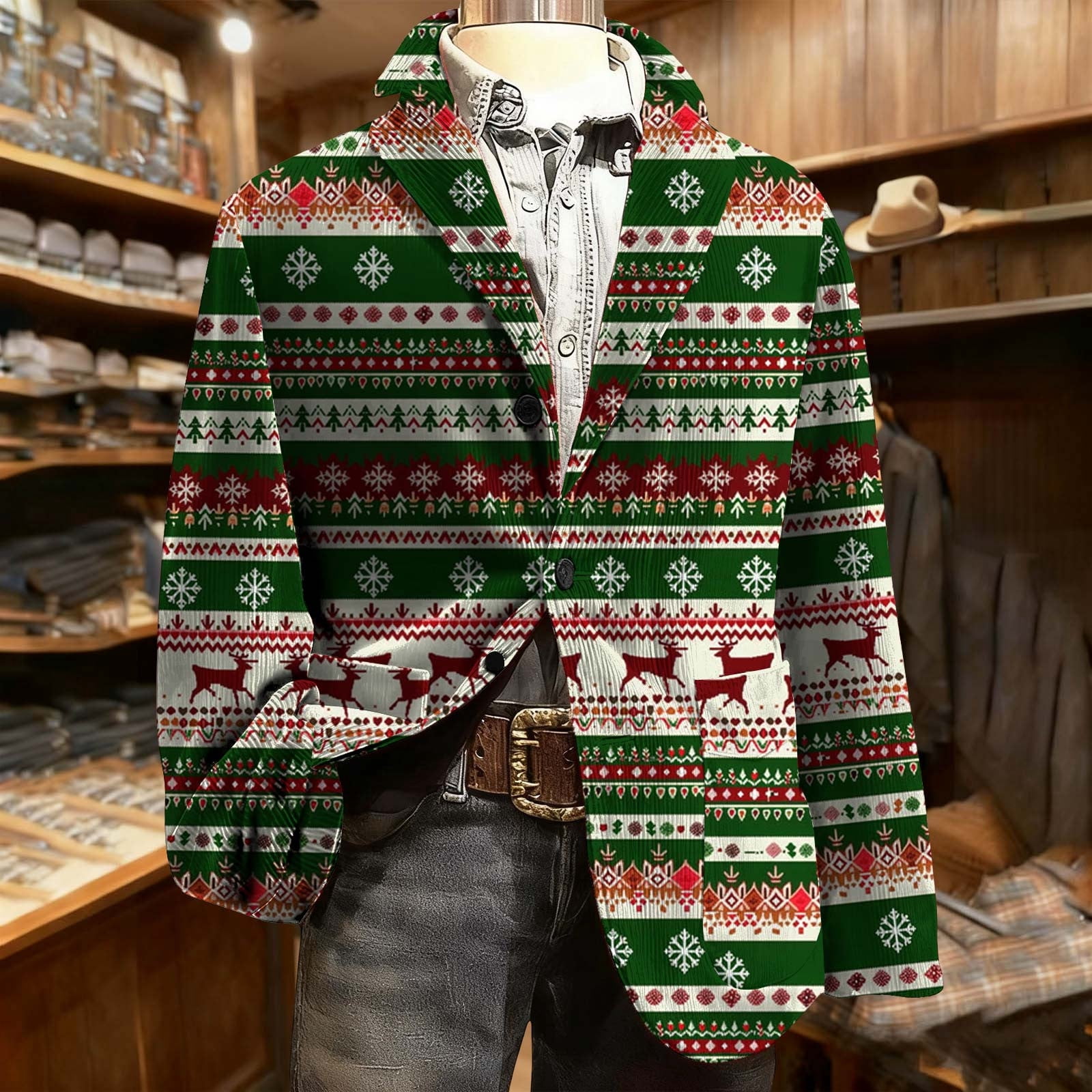 hlysgo Men's Retro Christmas Blazers Casual Reindeer Xmas Print Button ...