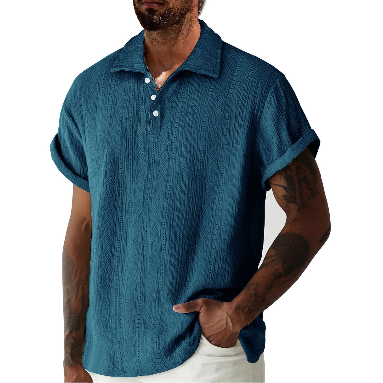 hlysgo Mens 3 Button Shirts with Collar Casual Textured Solid Color ...
